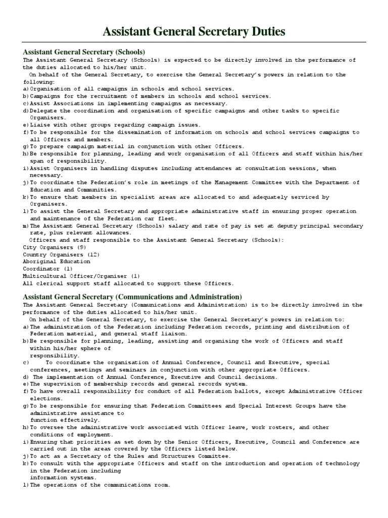 Assistant General Secretary Duties | PDF | Secretary | Committee