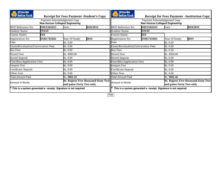 Receipt For Fees Payment - Student's Copy Receipt For Fees Payment ...