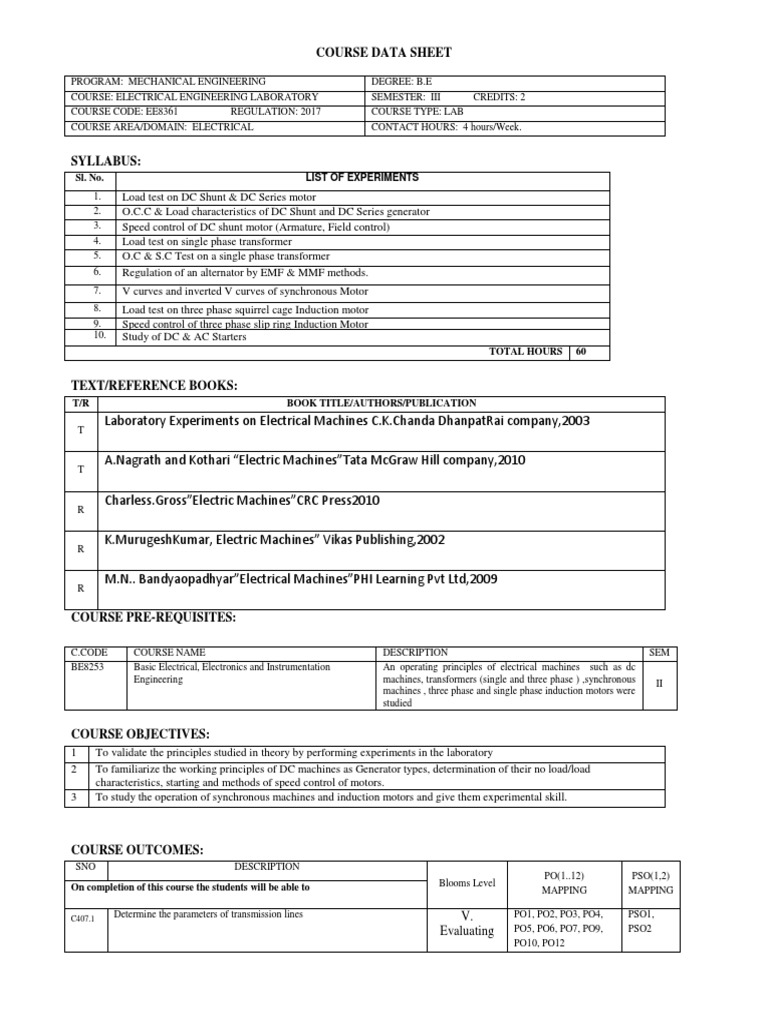 Course Data Sheet Ee Lab | PDF | Electric Motor | Steady State