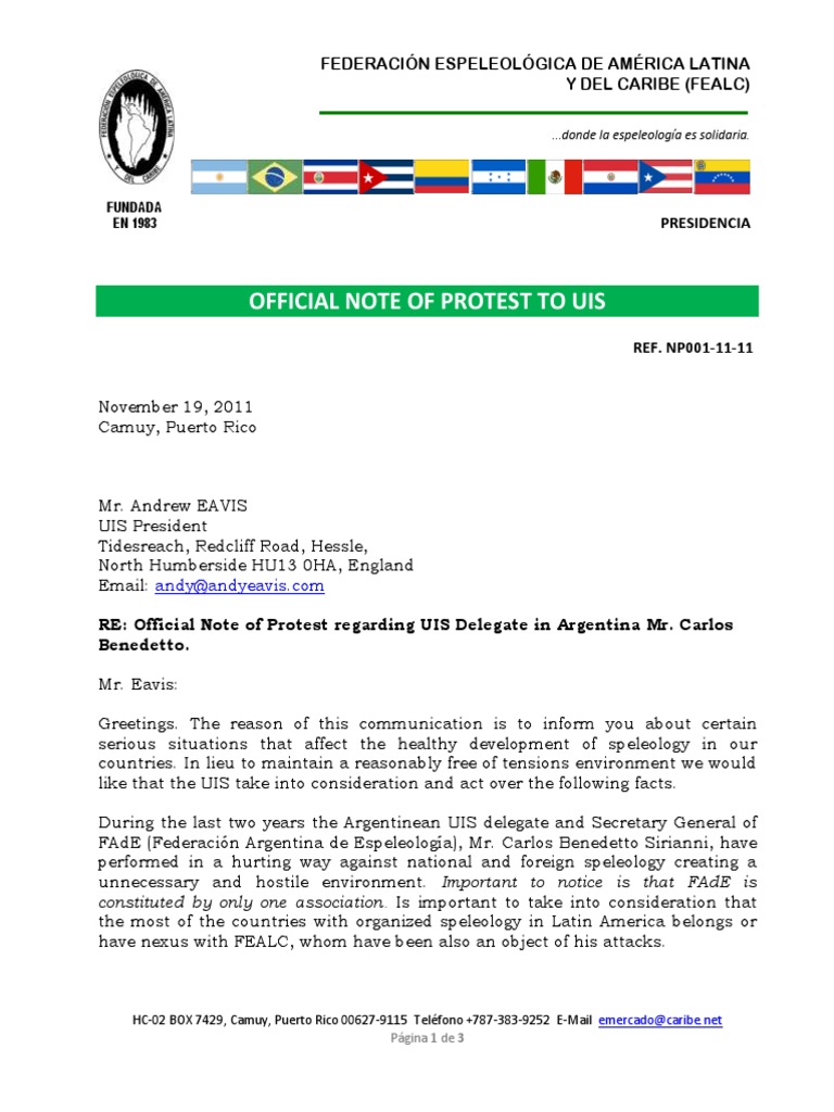 Official Note of Protest To Uis: Federación Espeleológica de América ...