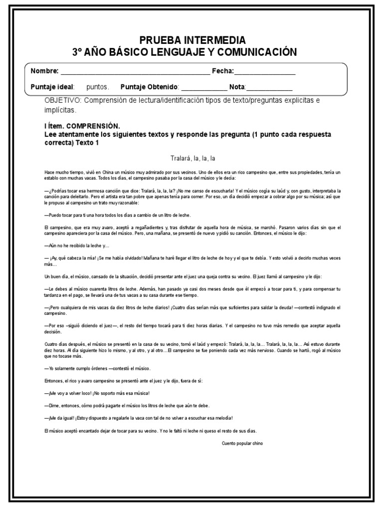 Evaluación Intermedia Lenguaje 3 2018 | PDF | Leche | Vacas