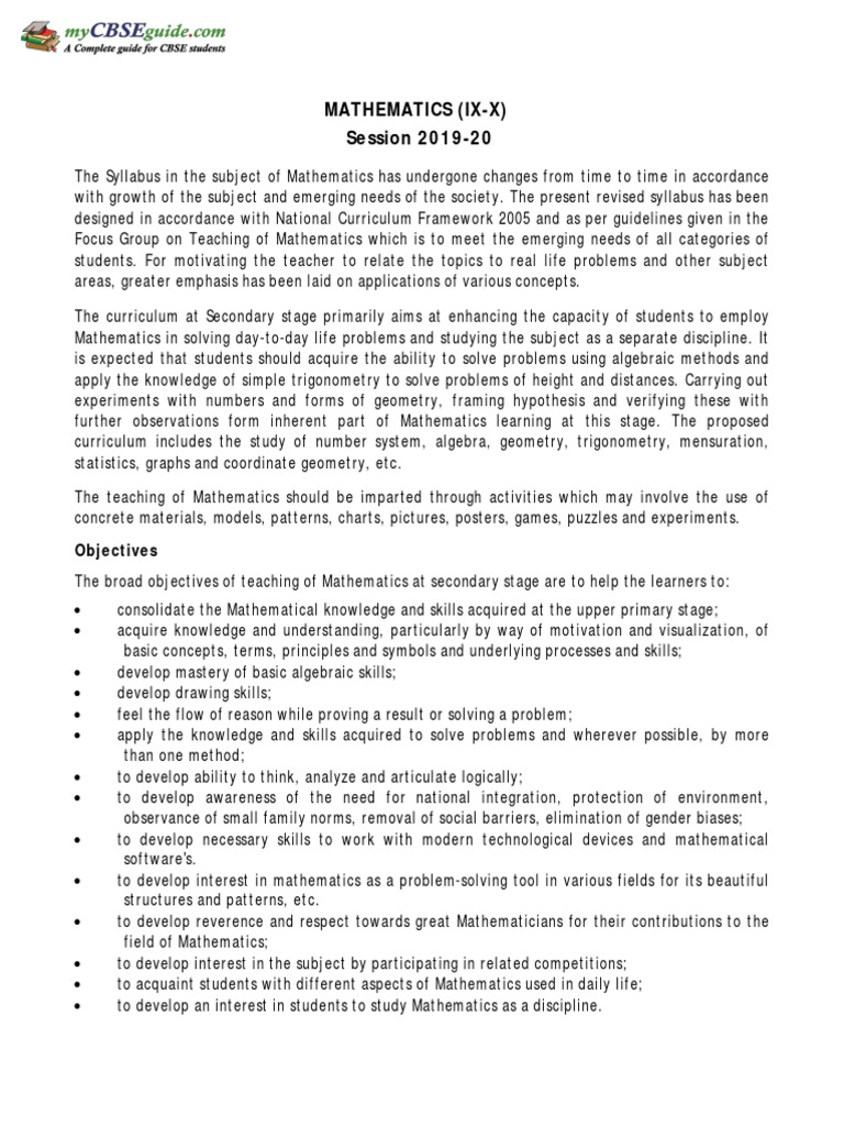 Revised Mathematics Syllabus for Classes IX-X: Enhancing Conceptual ...