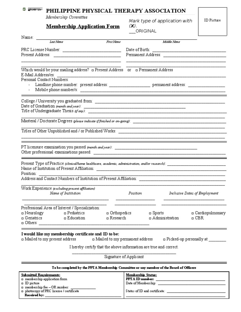 Physical Therapists' Membership Form | PDF | Physical Therapy | Health Care