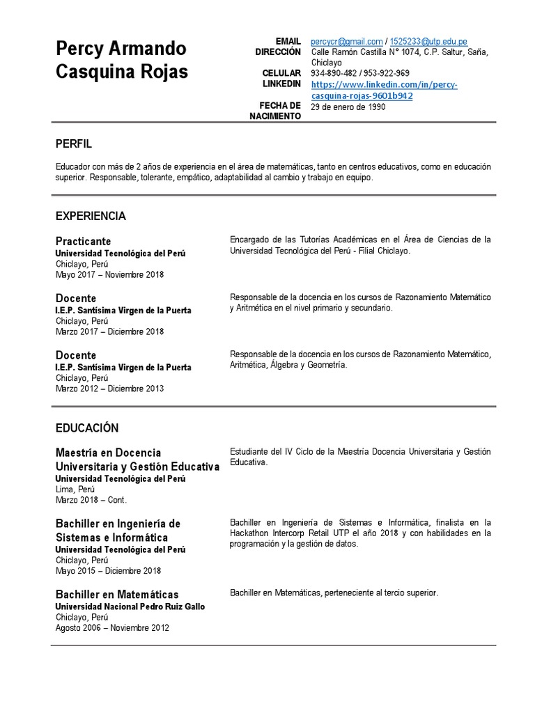 CV - Percy Casquina Rojas | PDF | Perú | Universidad