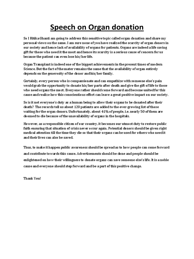 Speech On Organ Donation | PDF