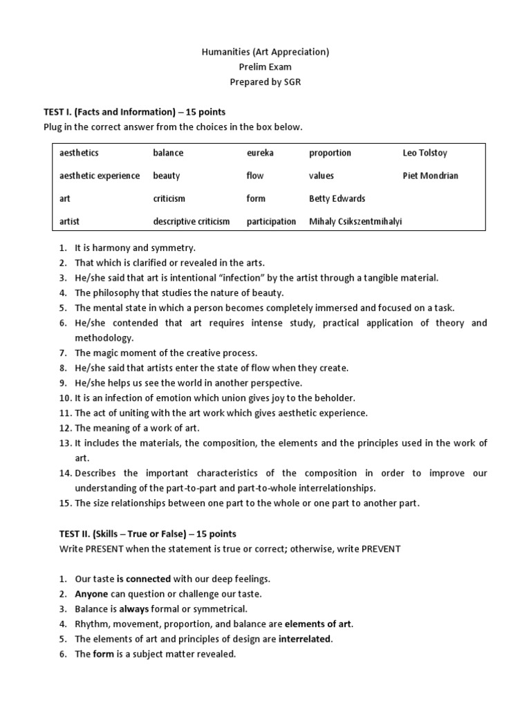 Humanities Art Appreciation Prelim Exam | PDF | Aesthetics | Truth