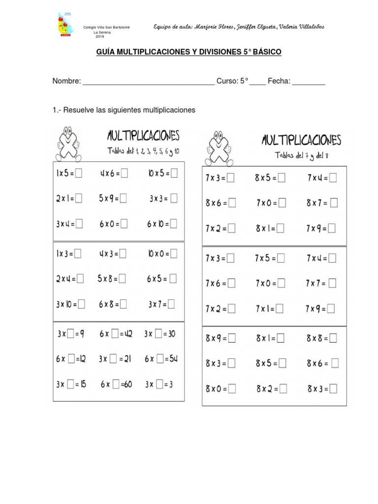 Guía de Multiplicaciones y Divisiones 5° Básico | PDF