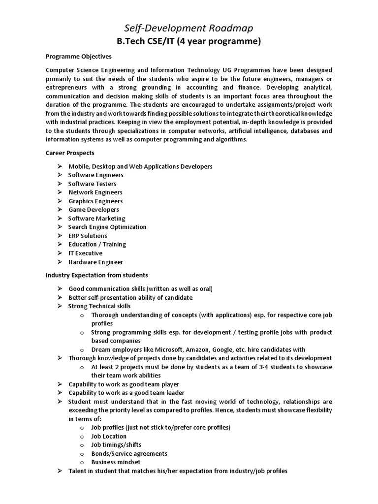 Self-Development Roadmap: B.Tech CSE/IT (4 Year Programme) | Descargar gratis PDF | Software ...