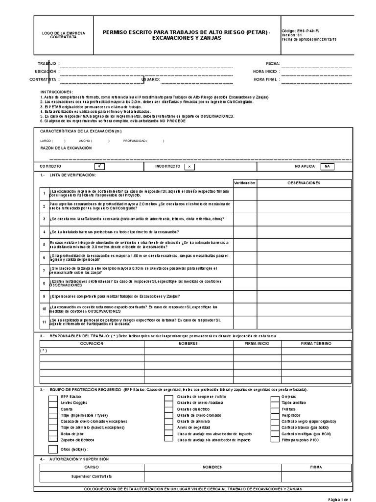 Ehs-P-40-Fj Permiso Escrito para Trabajos de Alto Riesgo (Petar) - Excavaciones y Zanjas | PDF ...