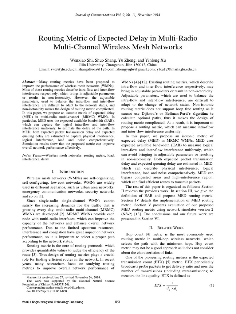 Routing Metric of Expected Delay in Multi-Radio Multi-Channel Wireless Mesh Networks | PDF ...