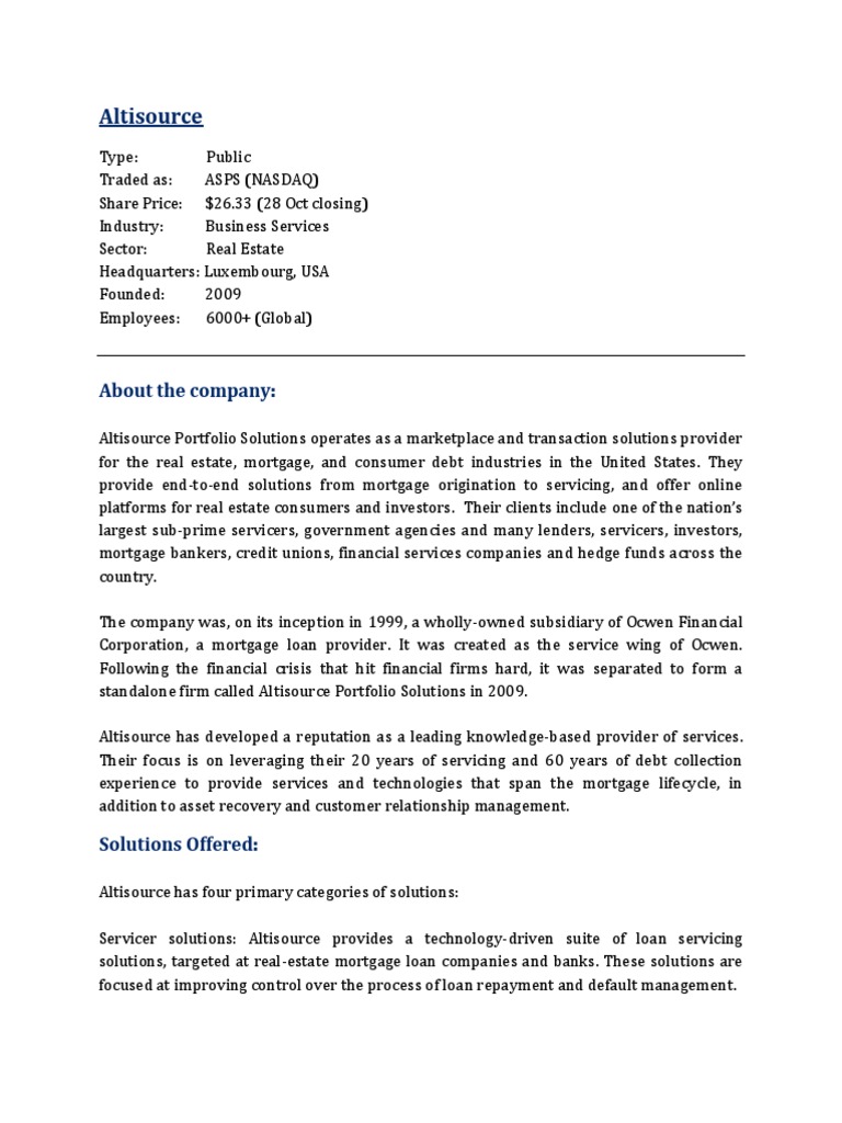 Altisource: About The Company | PDF | Ocwen | Real Estate Appraisal