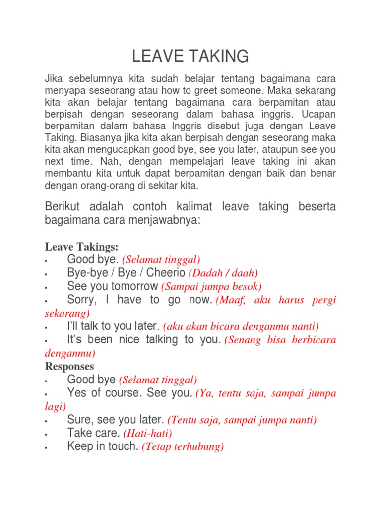 Contoh Leave Taking dalam Bahasa Inggris | PDF