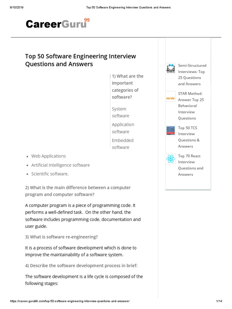 Top 50 Software Engineering Interview Questions and Answers | PDF ...