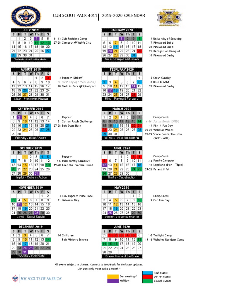 2019-2020 Pack Calendar | PDF | Girl Guiding And Girl Scouting | Scouting