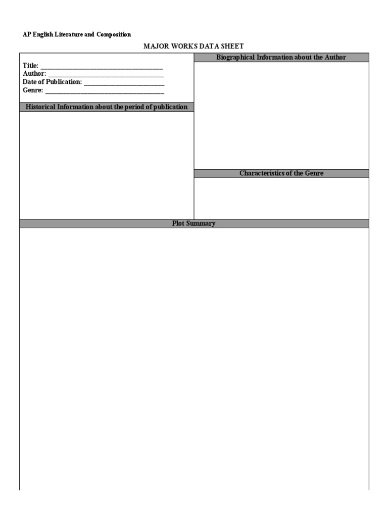 major works data sheet