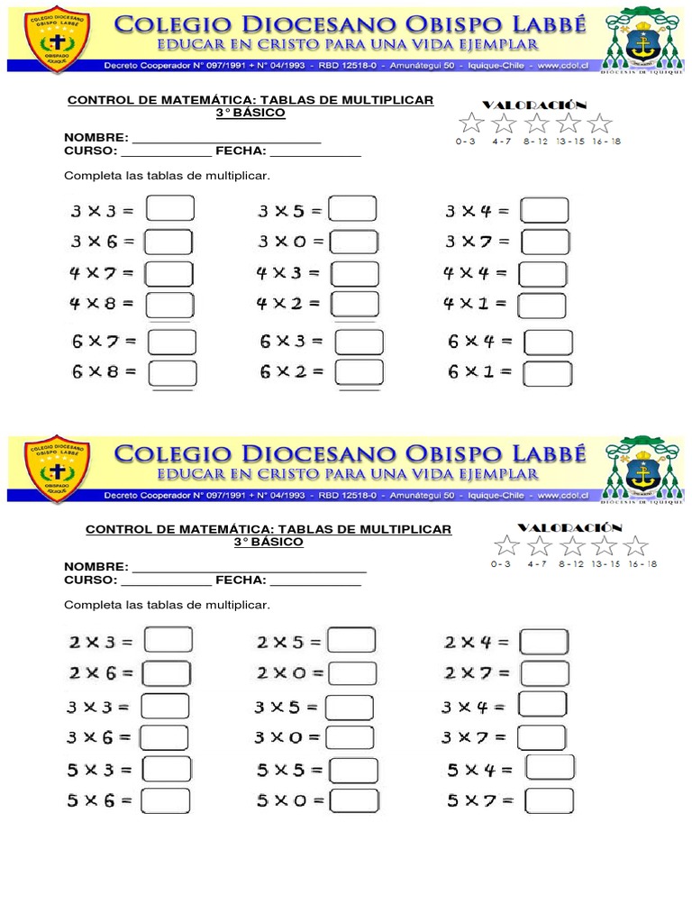 Controles de Tablas de Multiplicar 3° | PDF