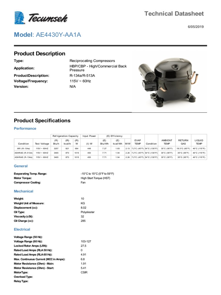Compresor Tecumseh AE4430Y-AA1A | PDF | Energy Technology | Machines