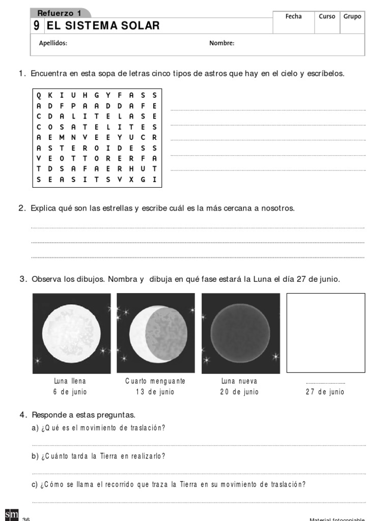 Actividades sobre el Sistema Solar y la Luna | PDF | Luna | Satélite ...
