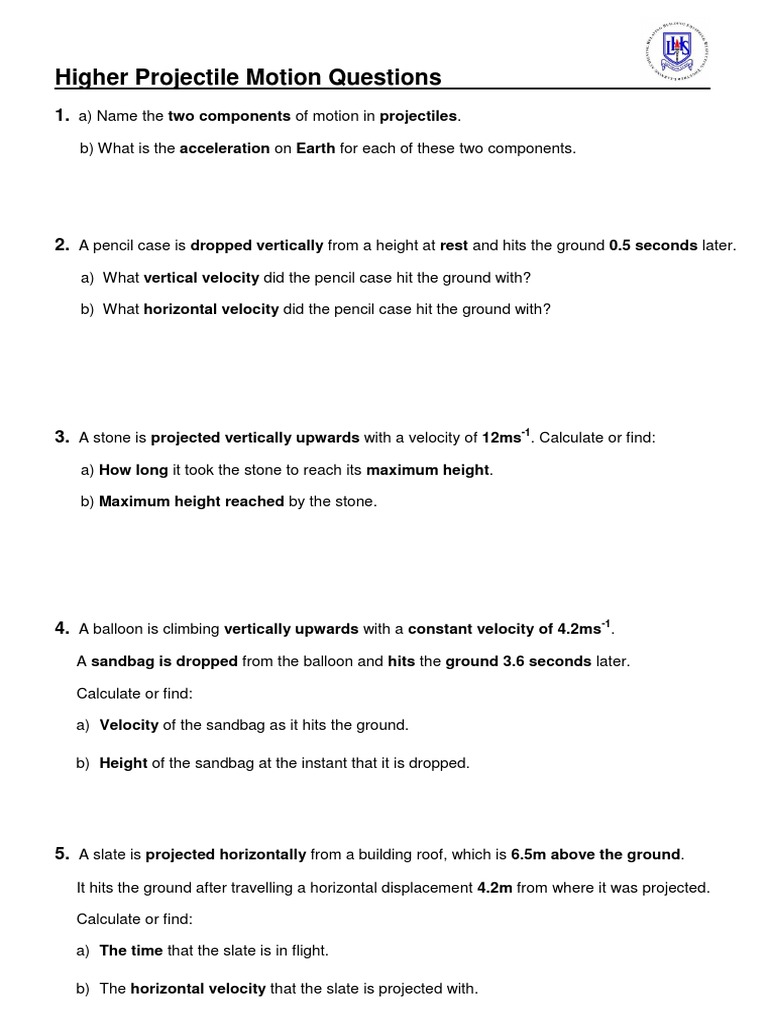 (25382) 17. H Projectile Motion Questions | Download Free PDF ...