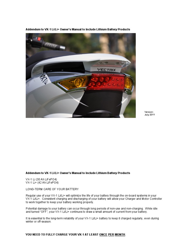 VECTRIX Owners Manual Aanvulling Voor Lithium Modellen | PDF | Battery ...