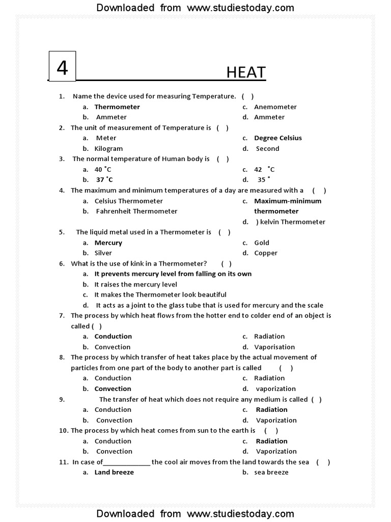 CBSE Class 7 Science MCQs-Heat | PDF | Celsius | Thermometer