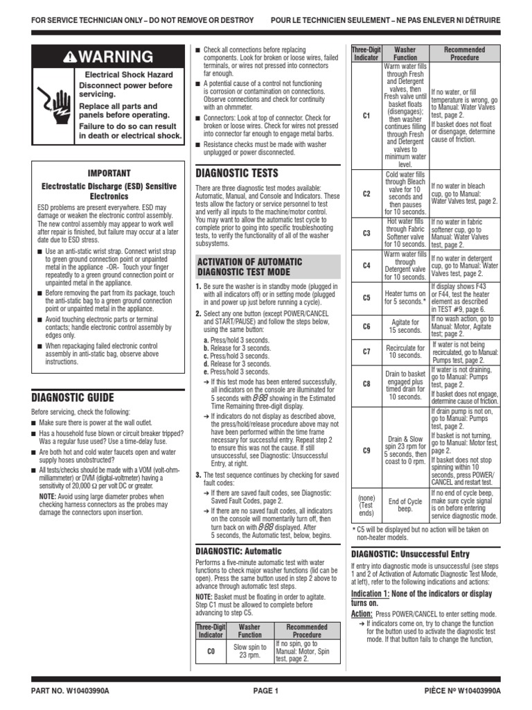 Whirlpool Cabrio Diagnostic Guide | PDF | Washing Machine | Electrical ...