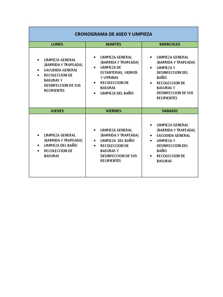Cronograma de Aseo y Limpieza | PDF