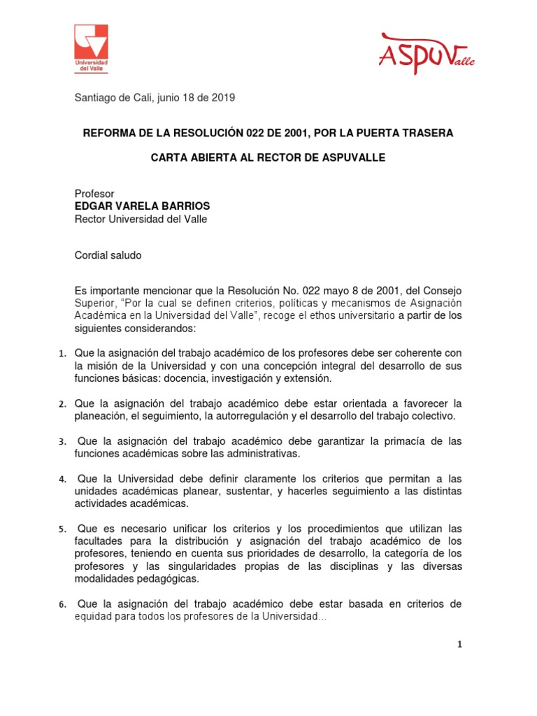 Carta Abierta Al Rector 18 06 19 Versión Final | PDF | Universidad ...