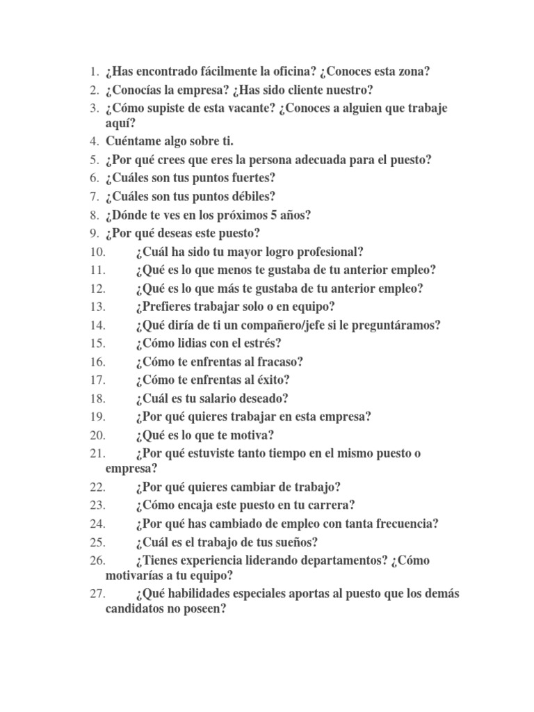 Preguntas Entrevista de Trabajo | PDF