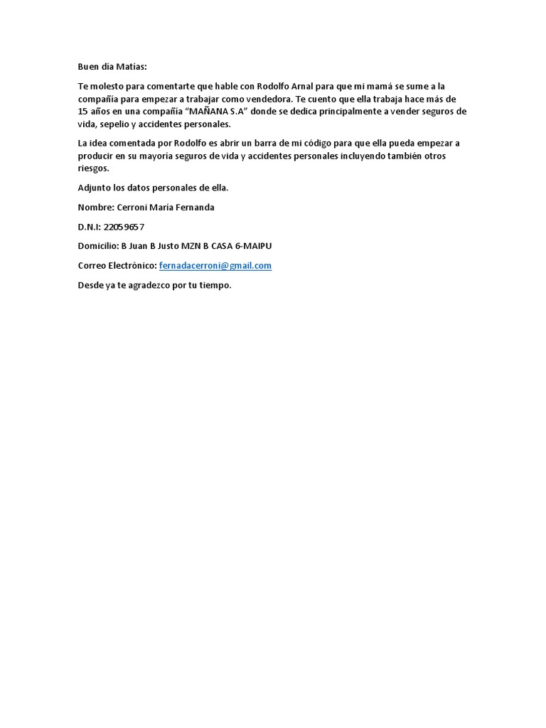 Incorporación de María Cerroni a ventas | PDF