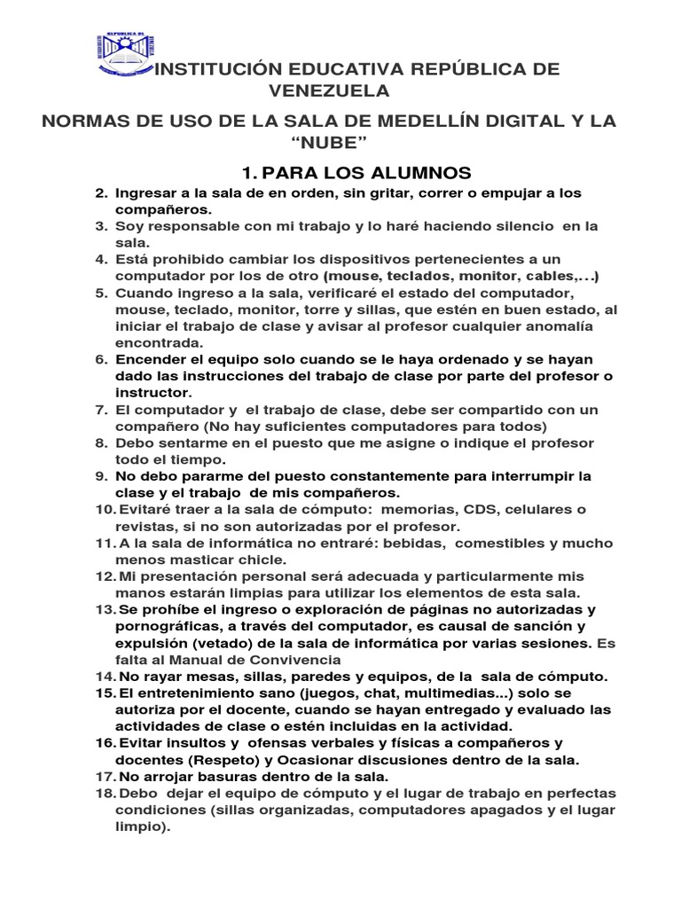 Normas De Uso De La Sala De Informatica2 Descargar Gratis Pdf Salón