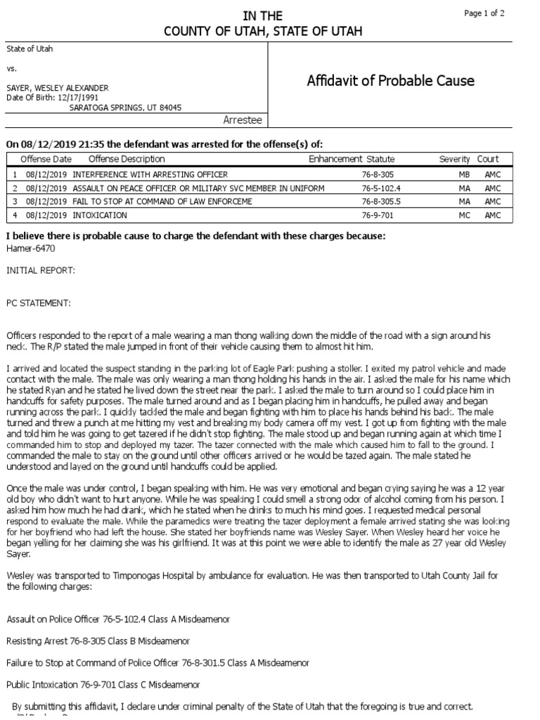 Wesley Sayer Probable Cause (PC) Statement | PDF | Arrest | National ...