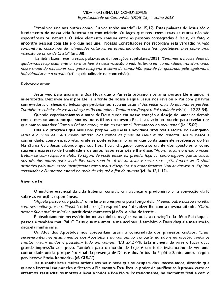 VIDA FRATERNA EM COMUNIDADE Espiritualidade de Comunhão | PDF | Amor ... VIDA FRATERNA EM COMUNIDADE Espiritualidade de Comunhão | PDF | Amor ...