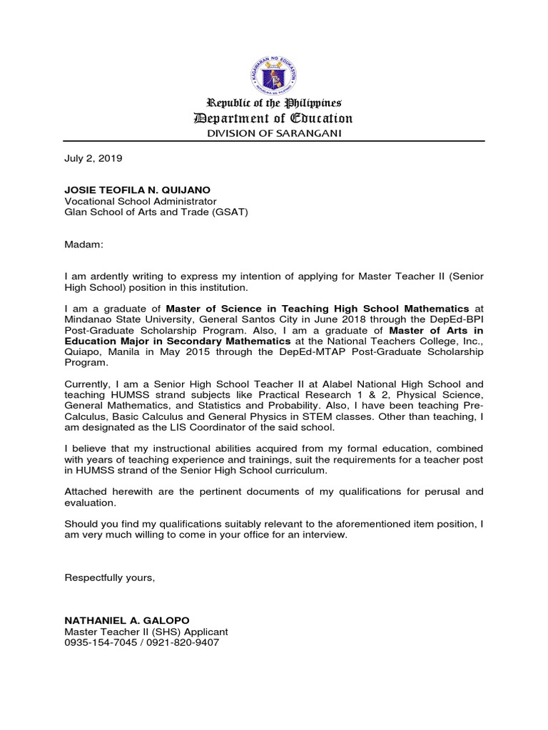 Application Letter For Teaching Position | PDF