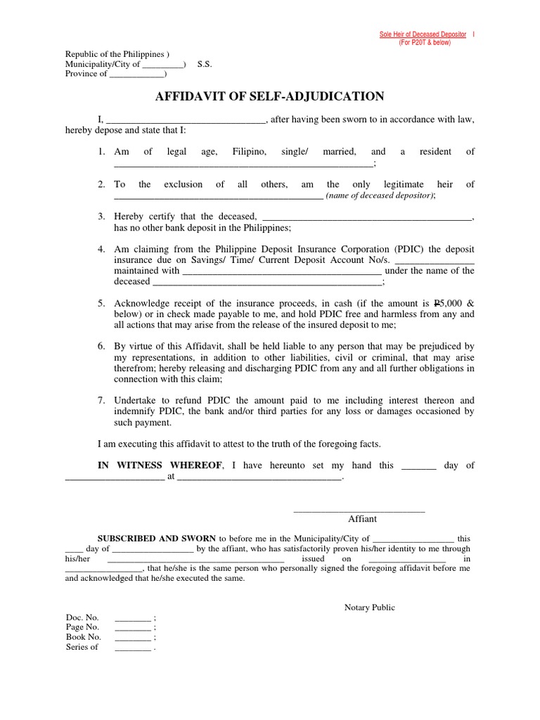 Affidavit of Self-Adjudication: (Name of Deceased Depositor) | PDF ...