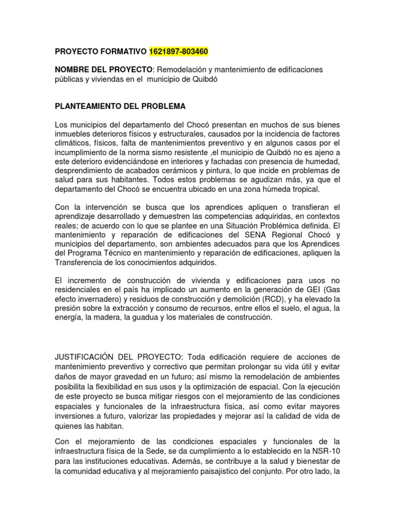 Proyecto Construcción Mantenimiento y Reparación de Edificaciones | PDF | Calidad (comercial ...