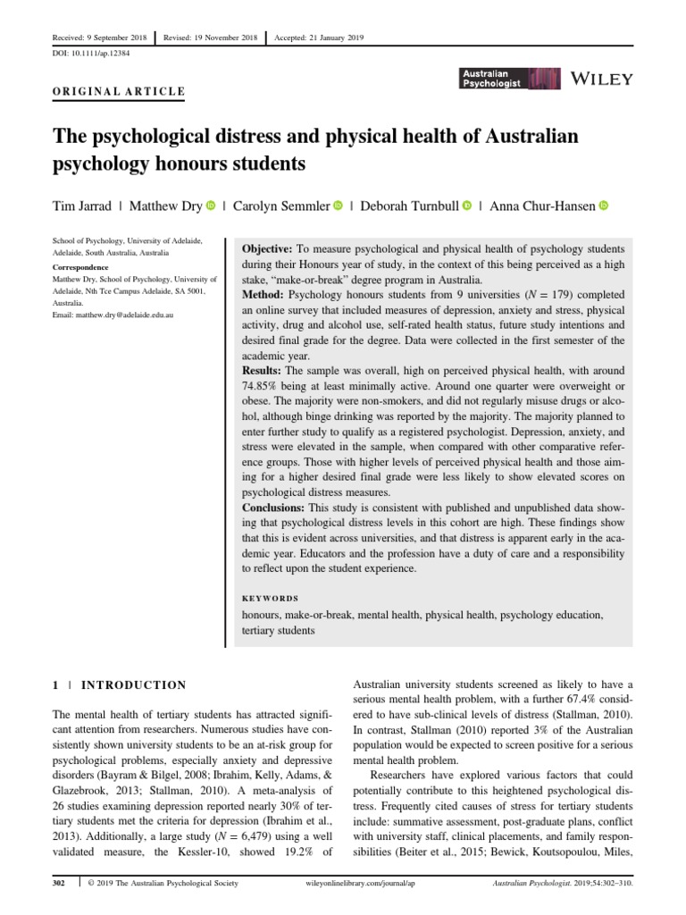The Psychological Distress and Physical Health of Australian Psychology ...