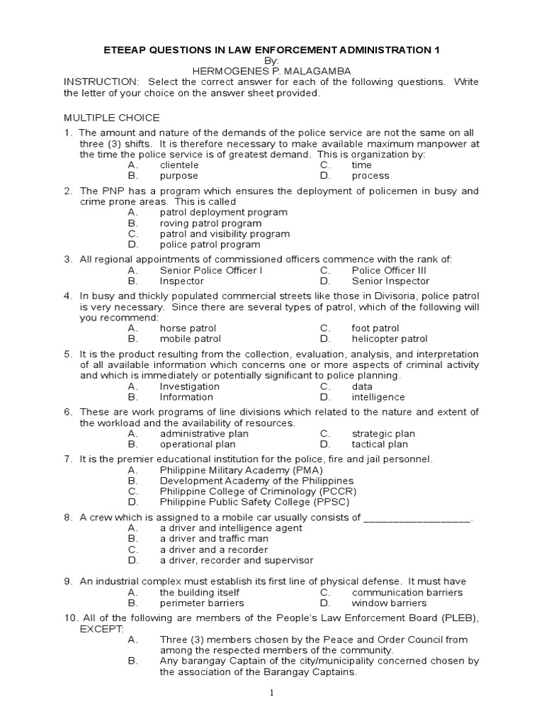 Eteeap Questions in Law Enforcement Administration 1 | PDF | Police ...