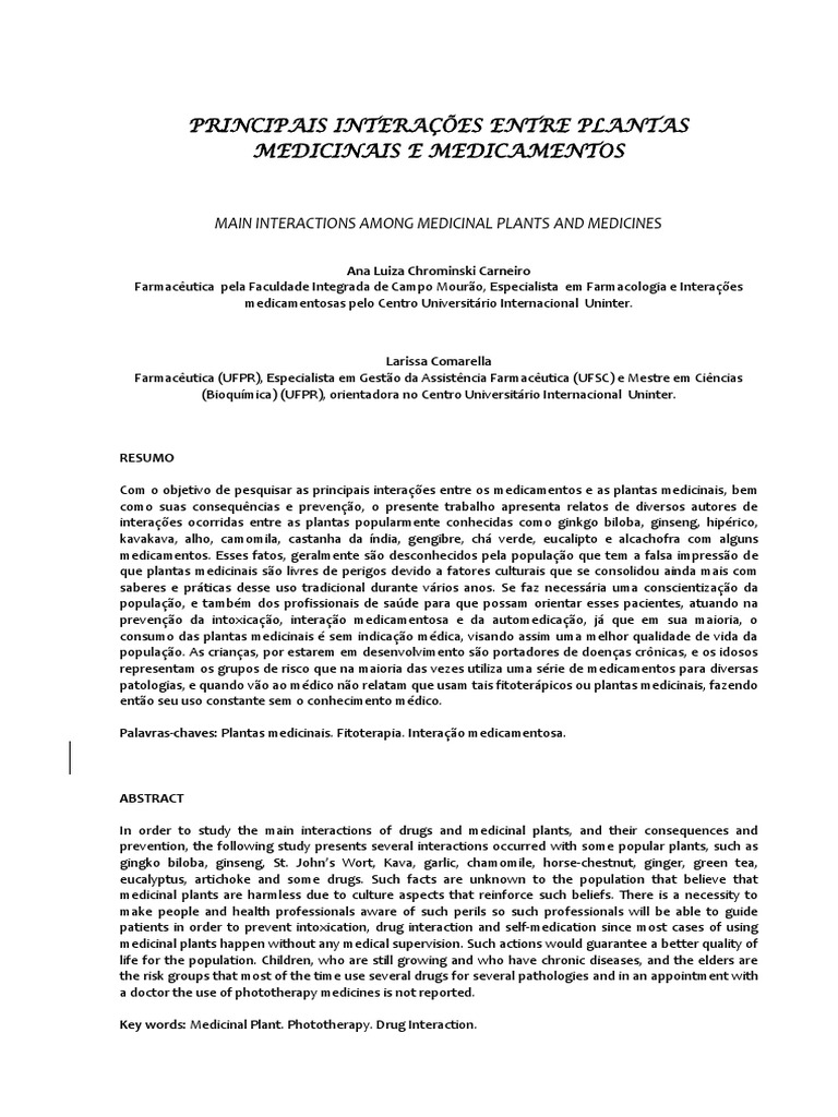 Principais Interações Entre Plantas Medicinais e Medicamentos (Ana ...