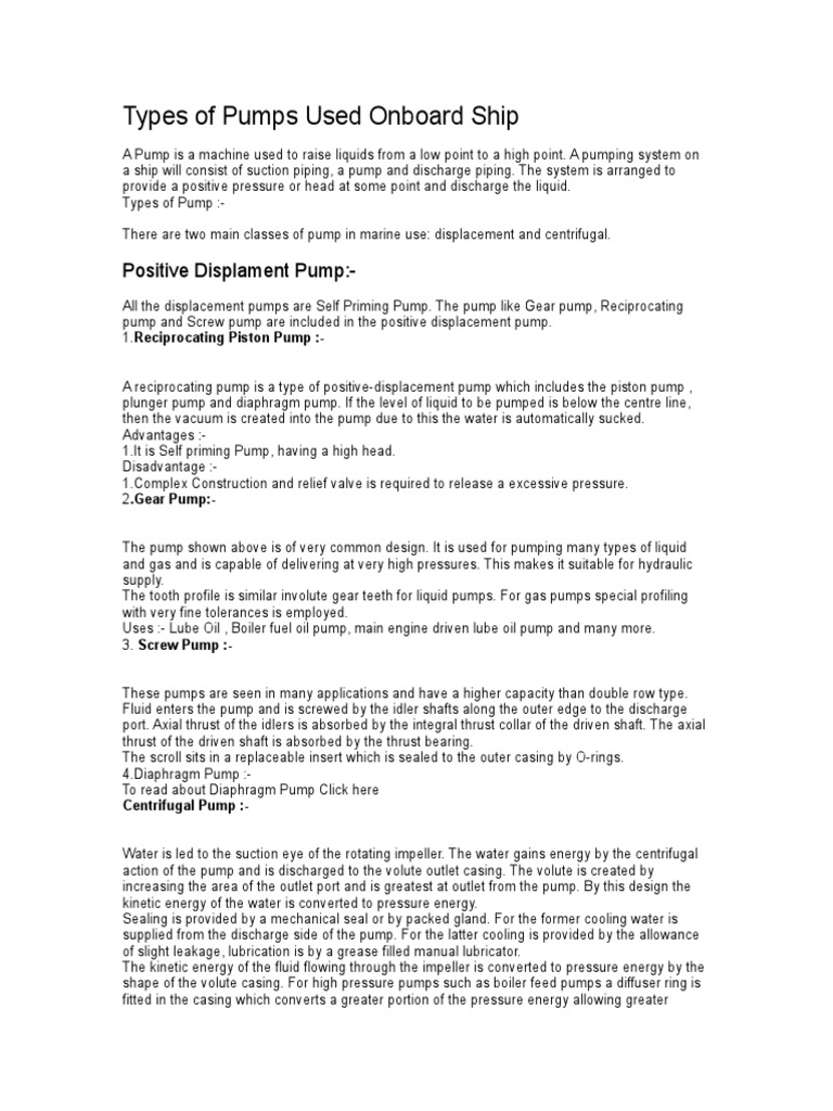 Types of Pump Onboard Ship | PDF | Pump | Machines