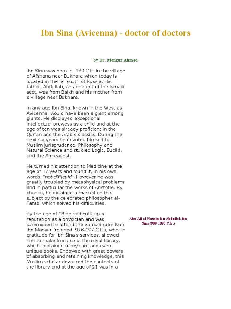 Ibn Sina (Avicenna) - Doctor of Doctors: by Dr. Monzur Ahmed | PDF | Wellness | Medical