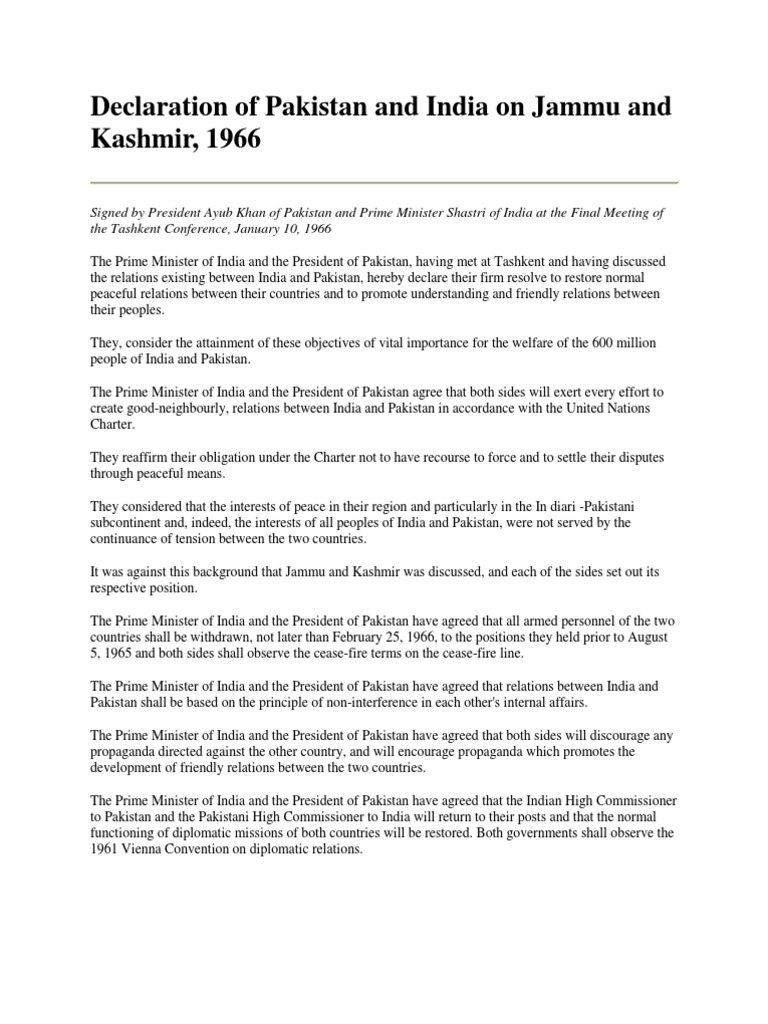 Tashkent Declaration on Kashmir, 1966 | PDF | Pakistan | Kashmir