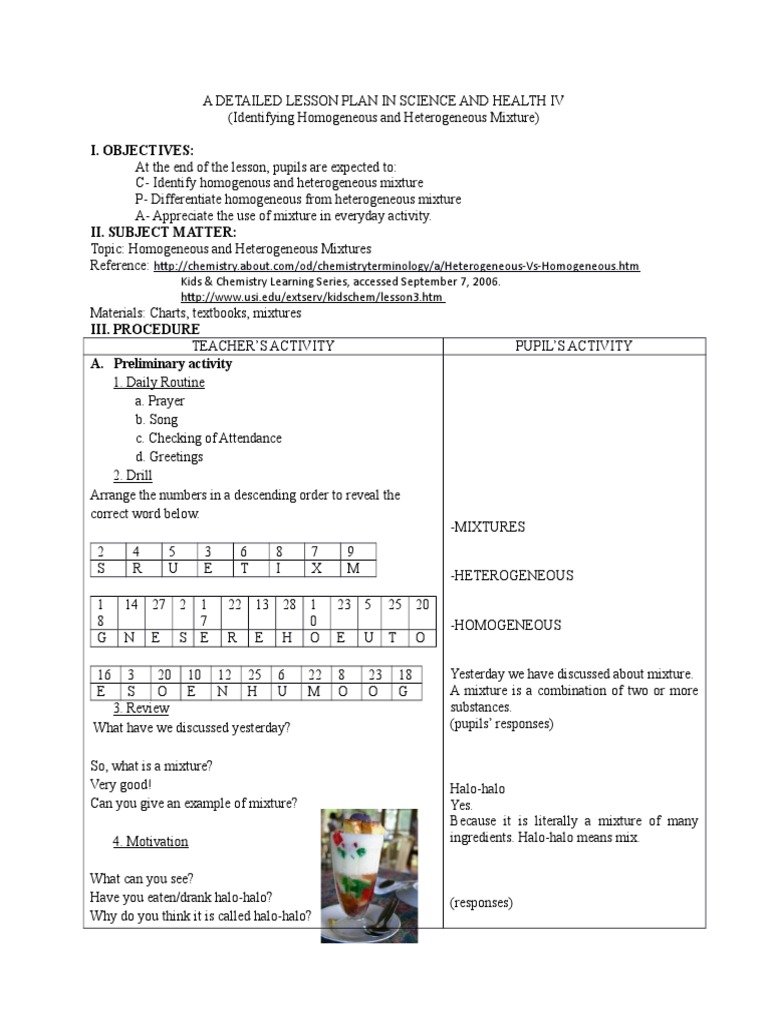 A Detailed Lesson Plan in Science and He | PDF | Homogeneity And ...