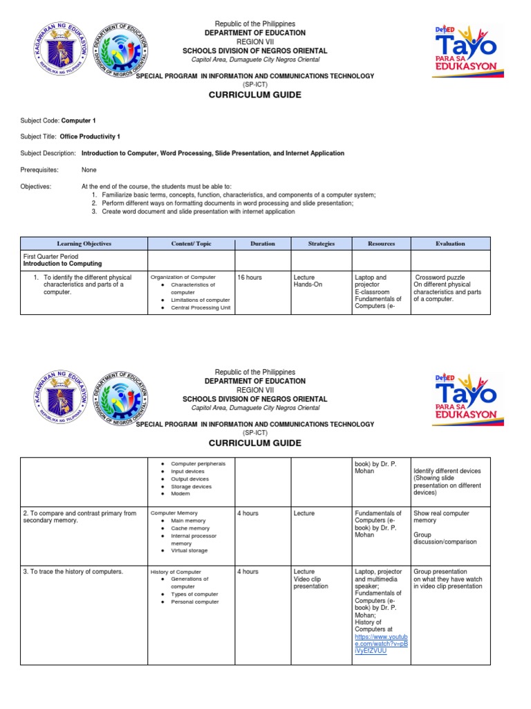 01 CURRICULUM GUIDE - GRADE 7 SP ICT - Computer 1 Office Productivity 1 ...