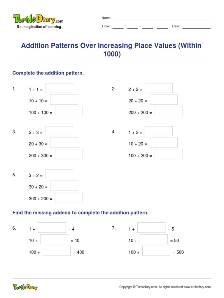 Addition Patterns Over Increasing Place Values (Within 1000) | PDF
