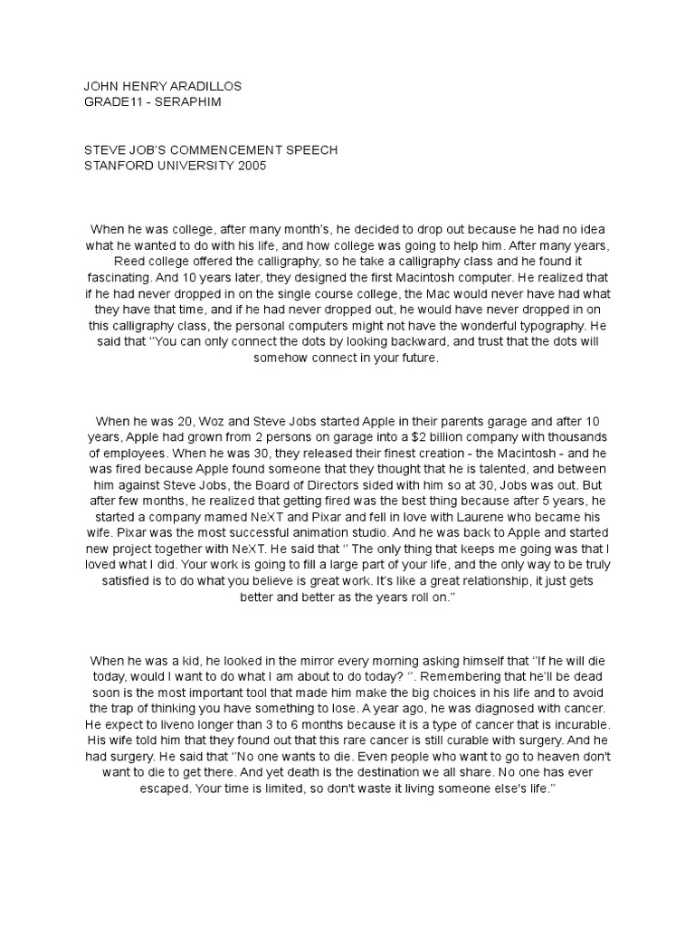 Summary of Steve Jobs Speech | PDF | Steve Jobs | Macintosh