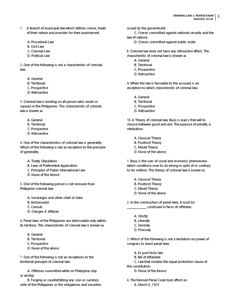 Criminal Law 1 Review Exam Questions | PDF | Crime & Violence | Crime ...