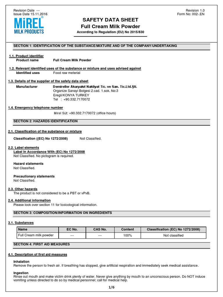 Full Cream Milk Powder SDS en | PDF | Dangerous Goods | Toxicity
