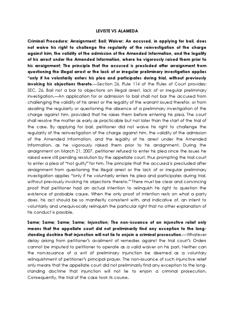 ESCRA-Leviste V Alameda | PDF | Arraignment | Prosecutor