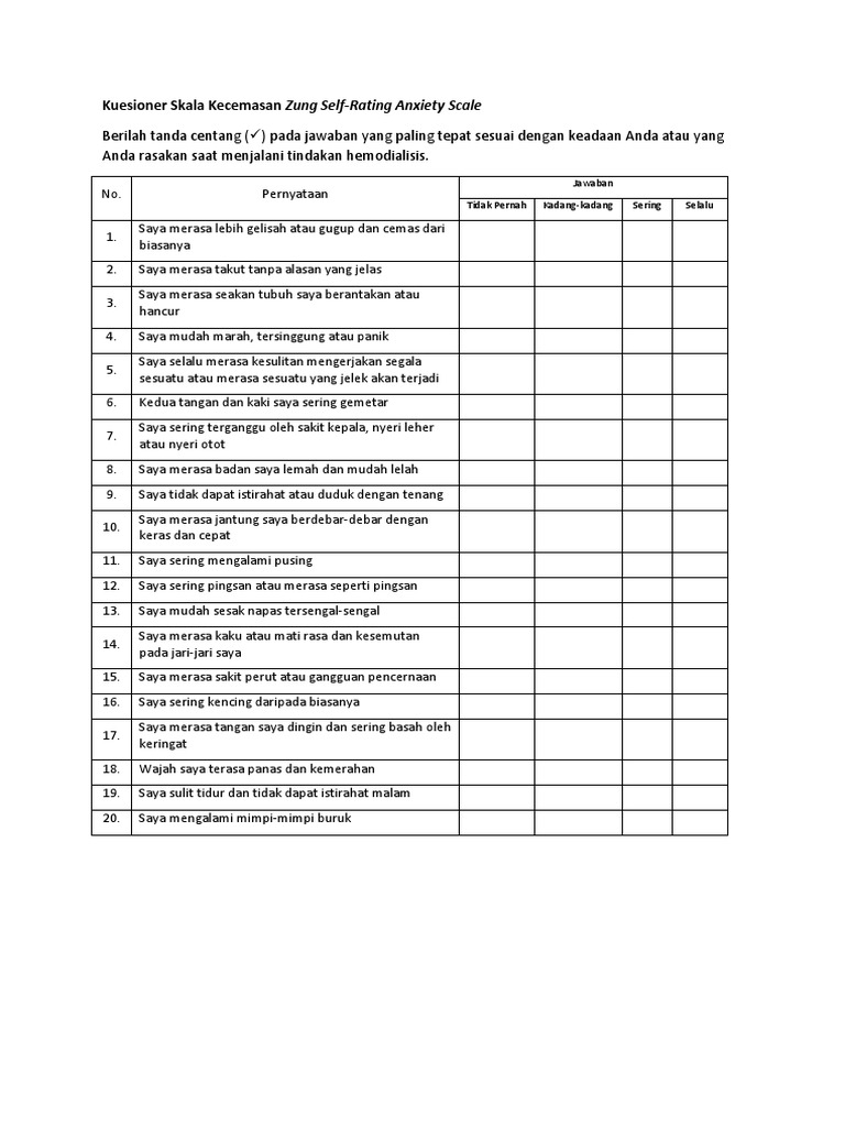 Kuesioner Skala Kecemasan Zung Self Dan Hasil Uji Valid PDF | PDF